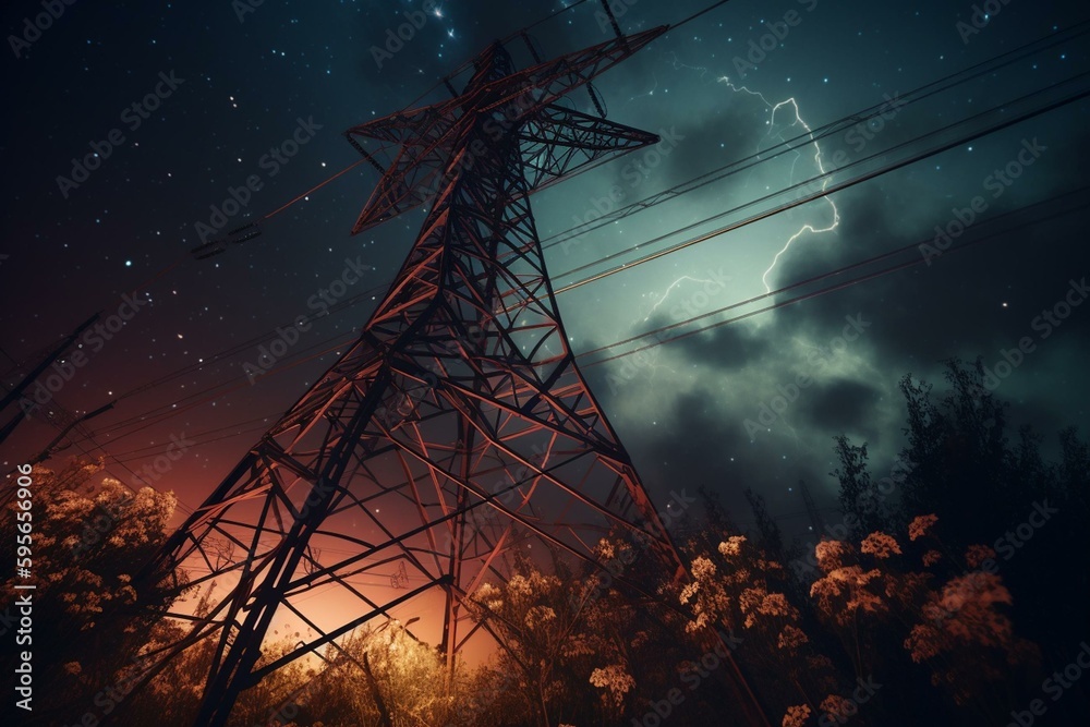 Electric tower with illuminated wires against night sky. High-voltage ...