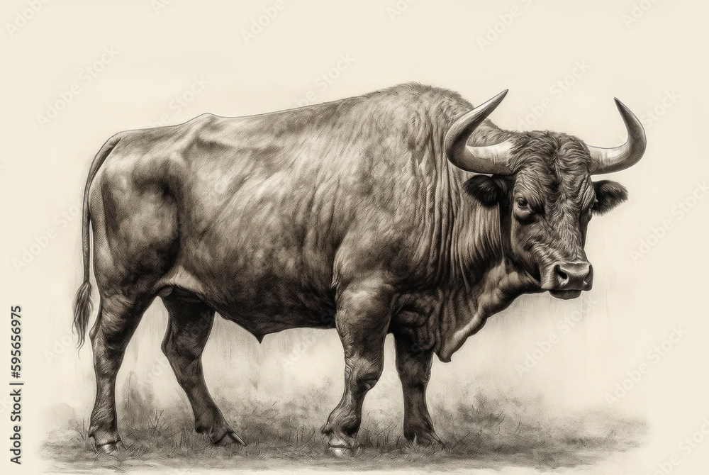 High detailed sketch of a massive bull, generative ai Stock ...