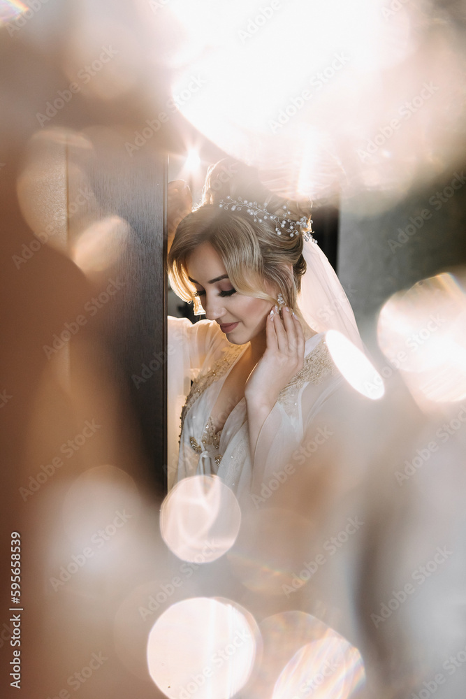Blonde bride poses in a robe and tiara, wedding portrait. Reflections ...
