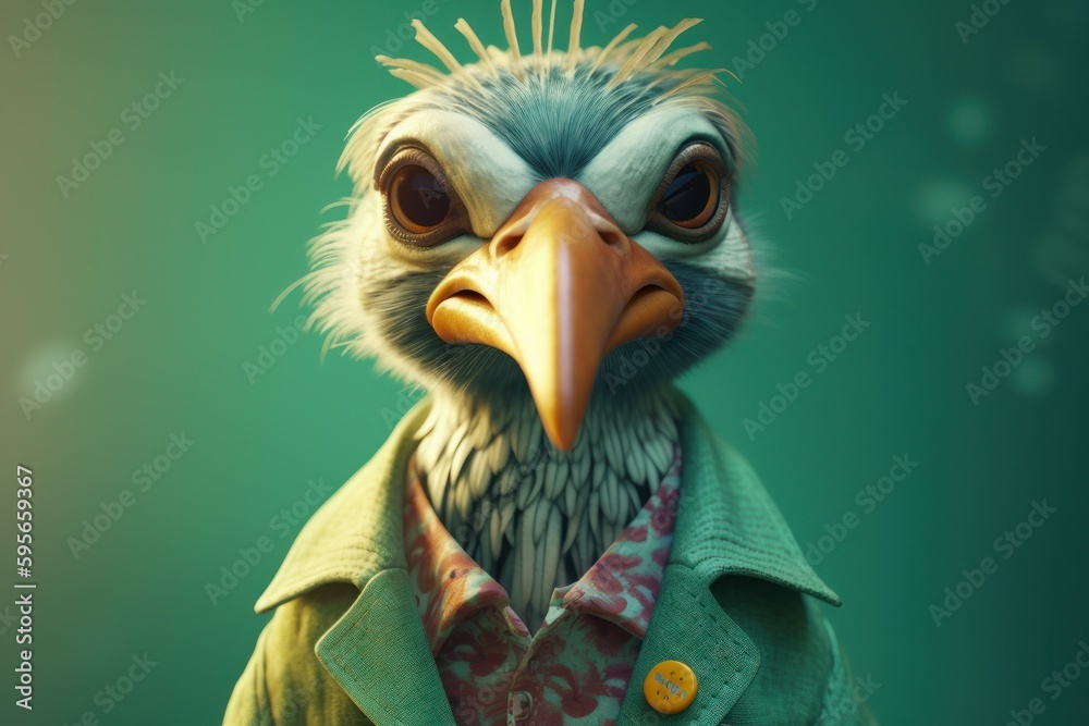 Anthropomorphic bird dressed in human clothing. humanized animal ...