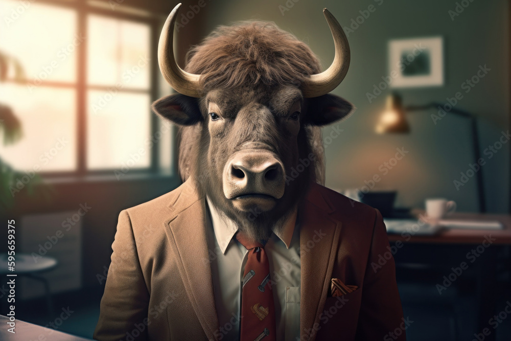Anthropomorphic Bison dressed in a suit like a businessman. Business ...