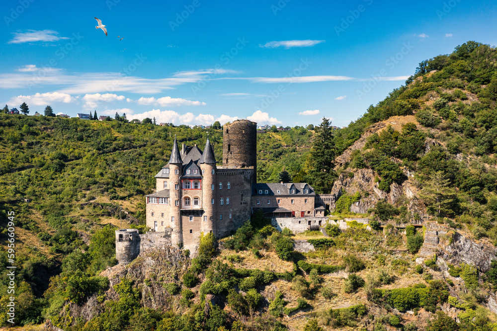 Katz castle and romantic Rhine in summer at sunset, Germany. Katz ...