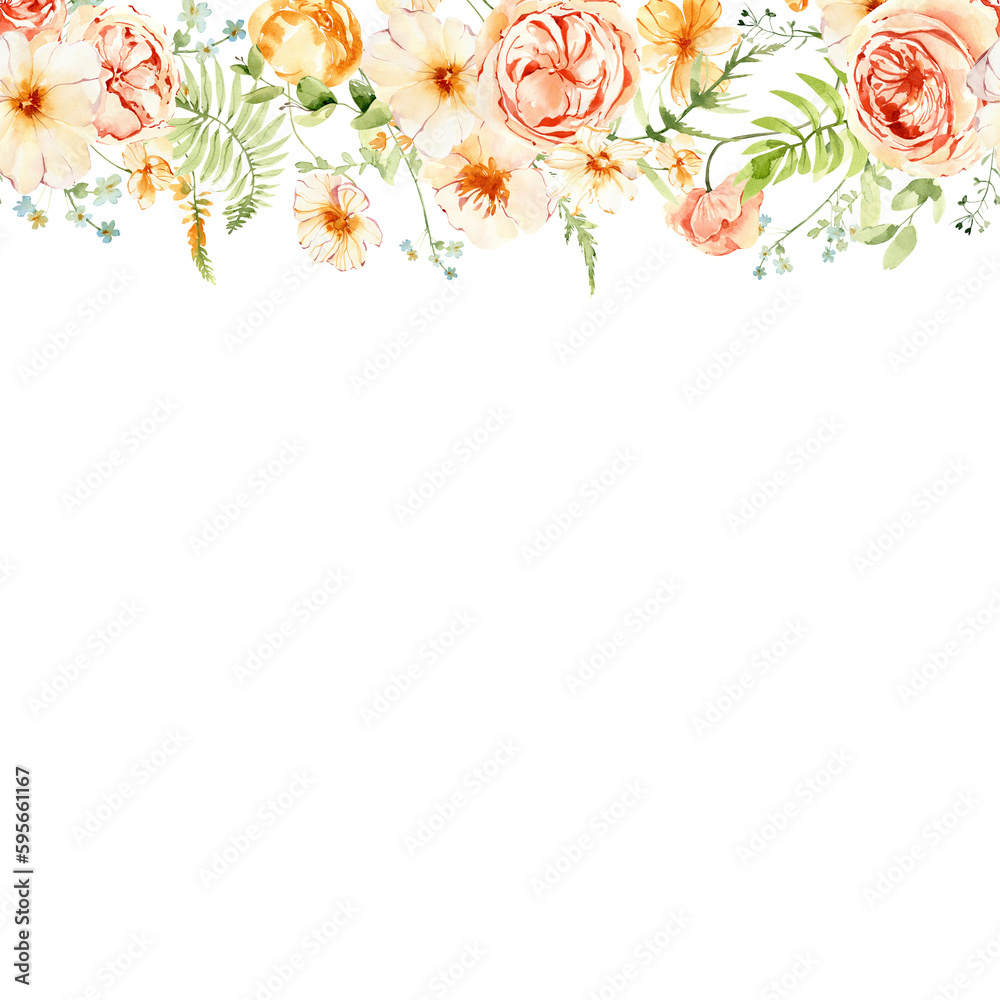 Watercolor floral border clipart. Field flowers seamless border. Stock ...