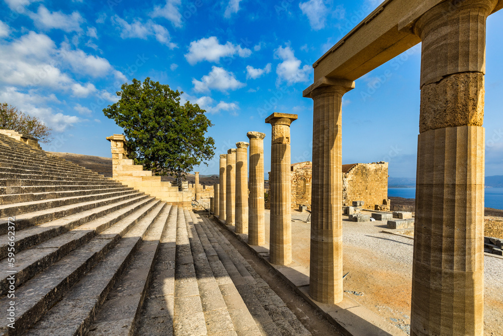 Ruins of Acropolis of Lindos view, Rhodes, Dodecanese Islands, Greek ...