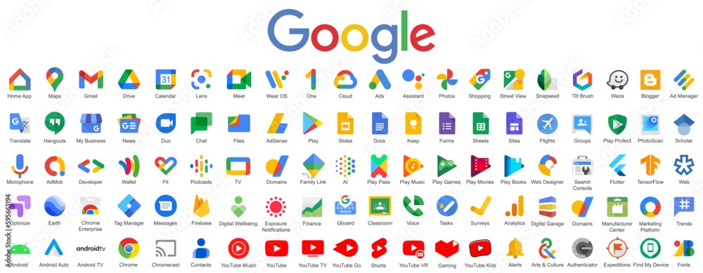 Kiev, Ukraine - April 23, 2023: Google product icons. Official ...