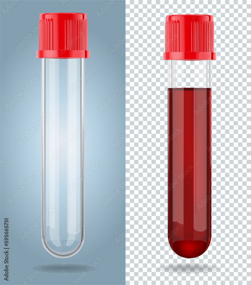 Two 3 dimensional transparent glass test tubes with red cap. One test ...