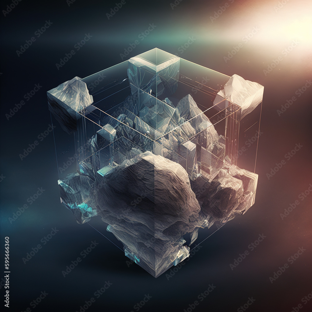 Modern digital abstract art of glassy geometric transparent cubic shape ...
