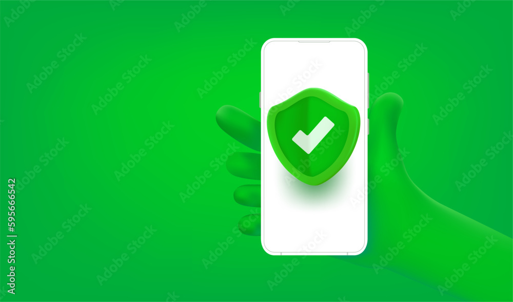 Cute comic hand with shield and checkmark icon. 3d vector illustration ...