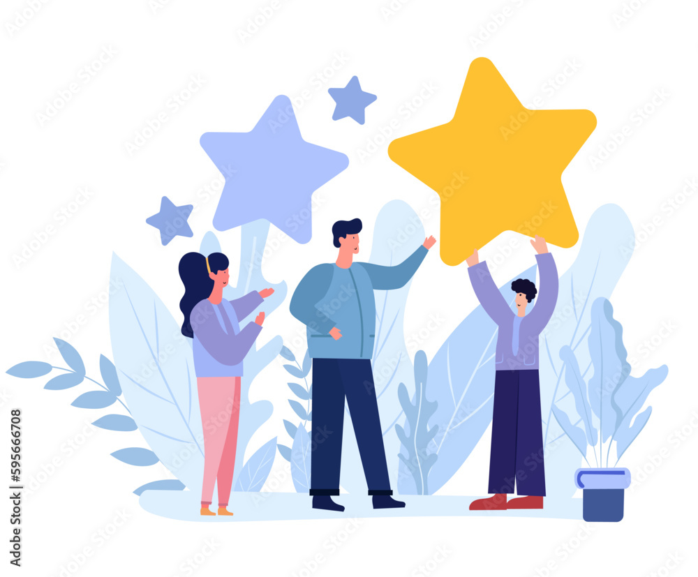 A vector illustration of people holding stars and giving a five-star ...