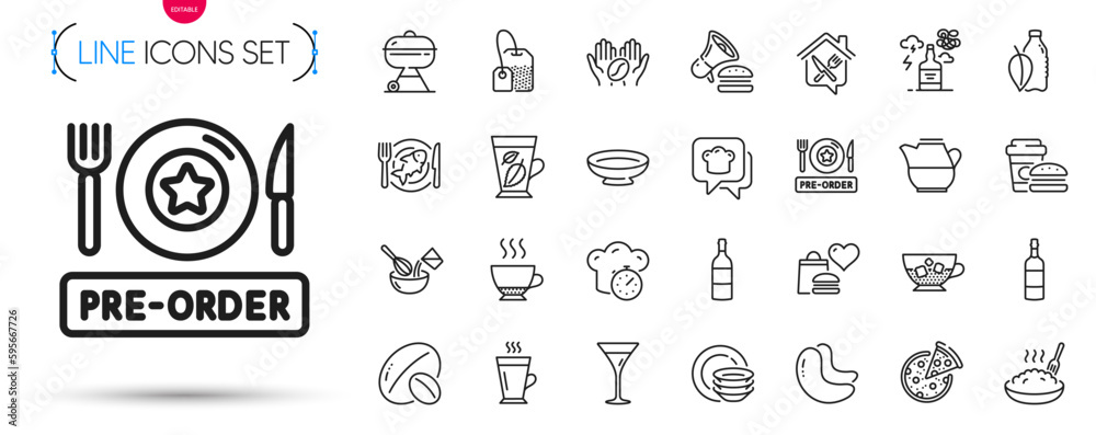 Pack of Food donation, Grill and Food delivery line icons. Include ...