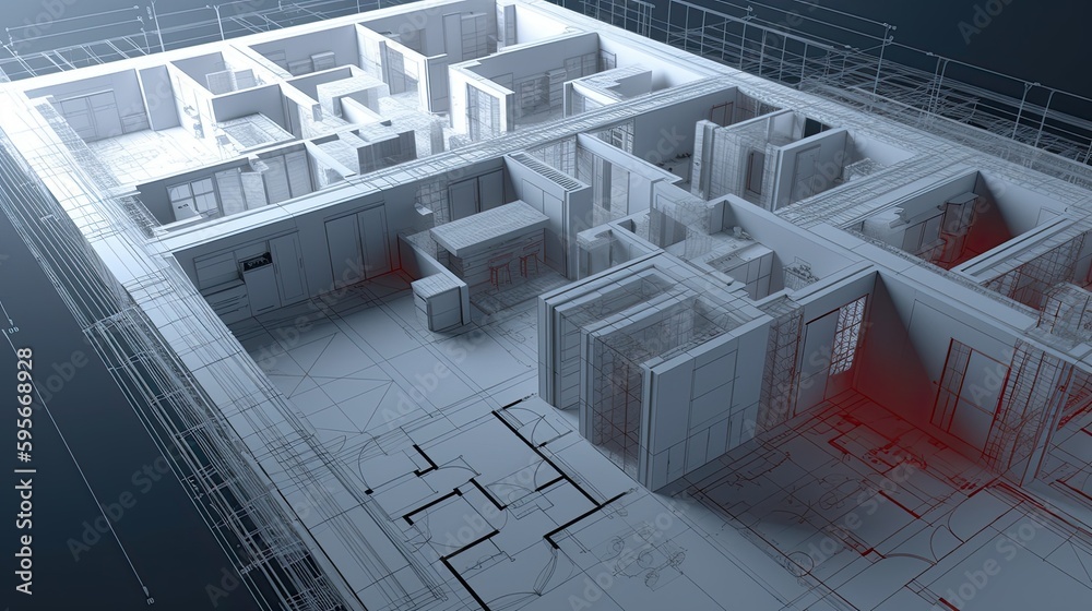 Cad 3d rendering of a a house plan on the computer, mockup of house ...