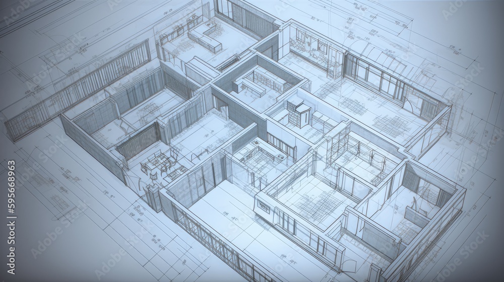 3D architectural or engineering drawings on a table, blueprints, plans ...