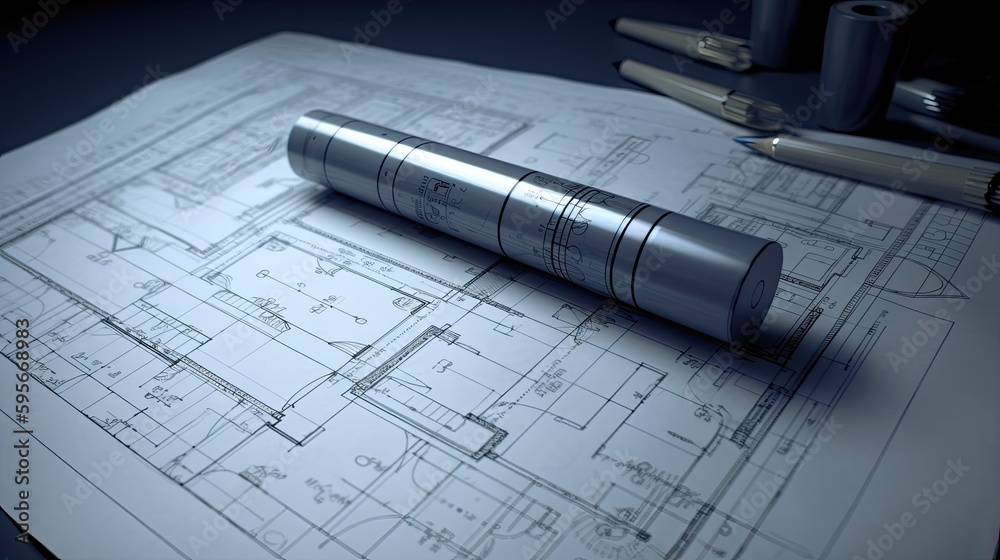 Architectural or engineering drawings on a table, blueprints, plans, AI ...