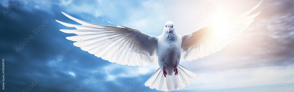 Frohe Pfingsten. Pentecost. Weiße Taube im Flug, mit Elementen wie ...