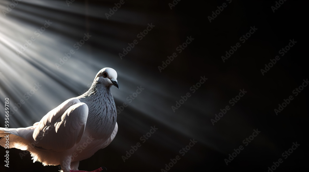 Frohe Pfingsten. Pentecost. Weiße Taube im Flug, mit Elementen wie Feuer, Zeit, Rose. Biblisches ...
