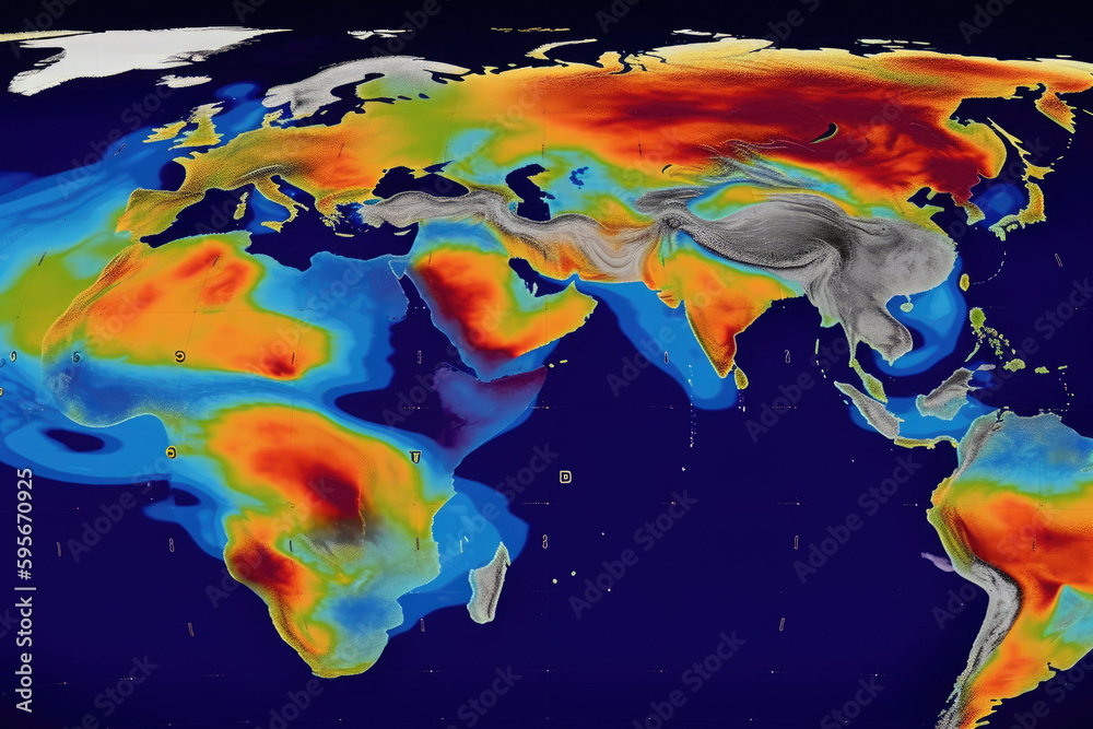 World map with weather forecast app. Weather prediction data on monitor ...
