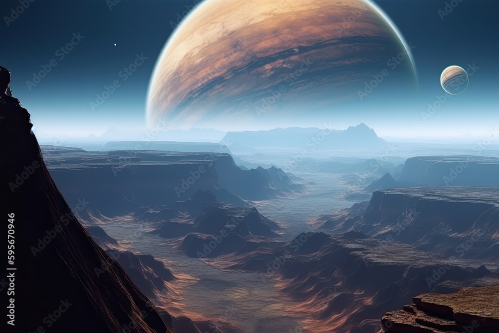 Surface of unknown planet with craters and mountains. Rising star in ...