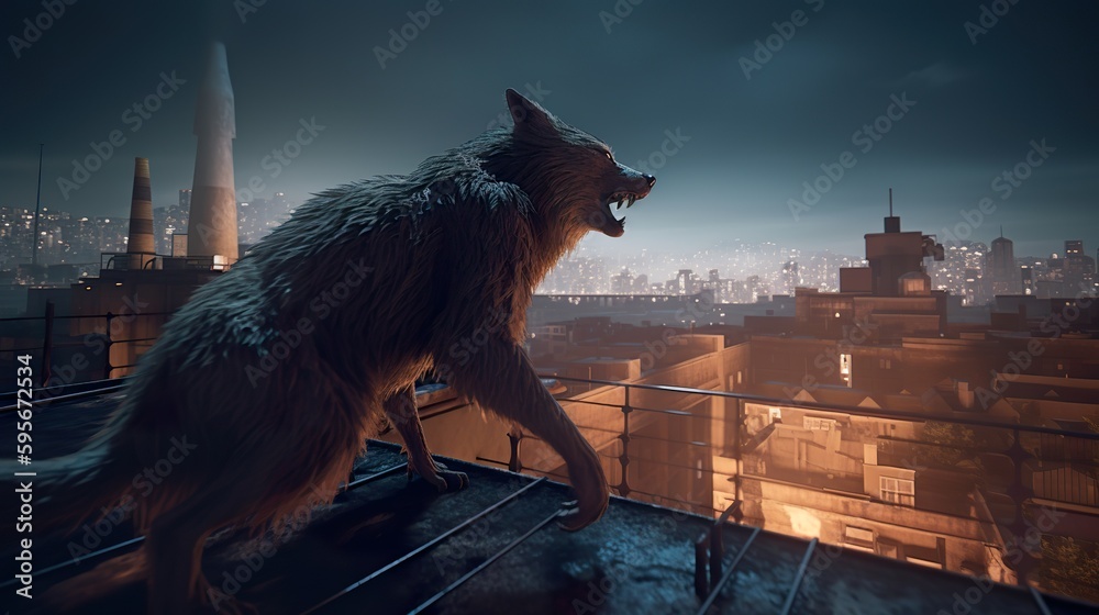 werewolf howling at the full moon from city rooft (ai generate) Stock ...