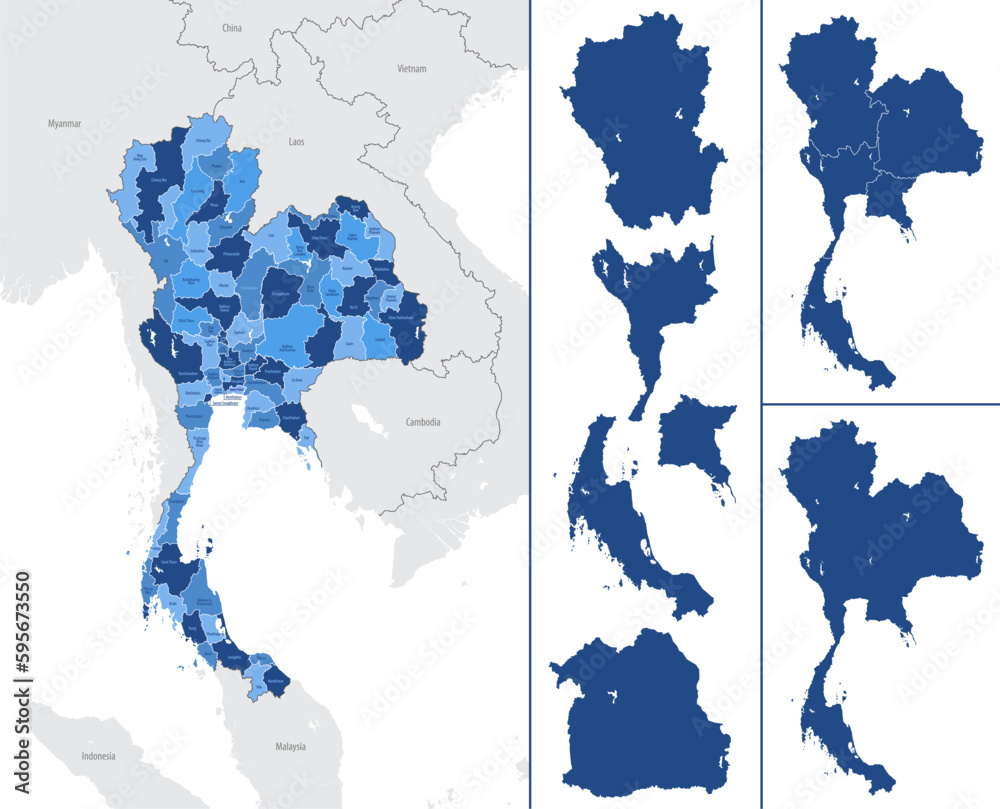 Detailed, vector, blue map of Thailand with administrative divisions ...