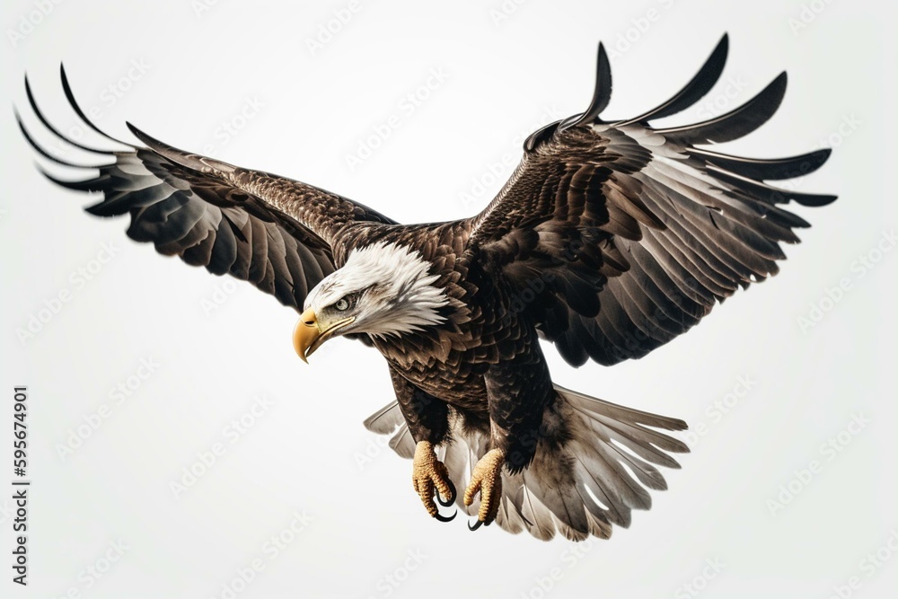 A top-down view of a bald eagle hovering over a white background ...