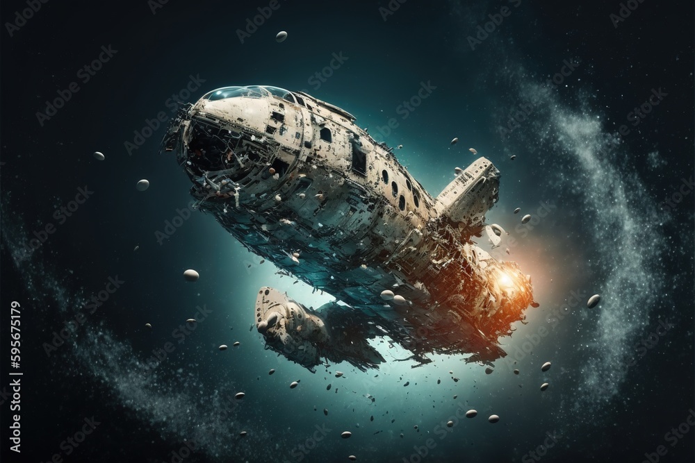 A eerie ghost spaceship soaring through outer space between floating ...