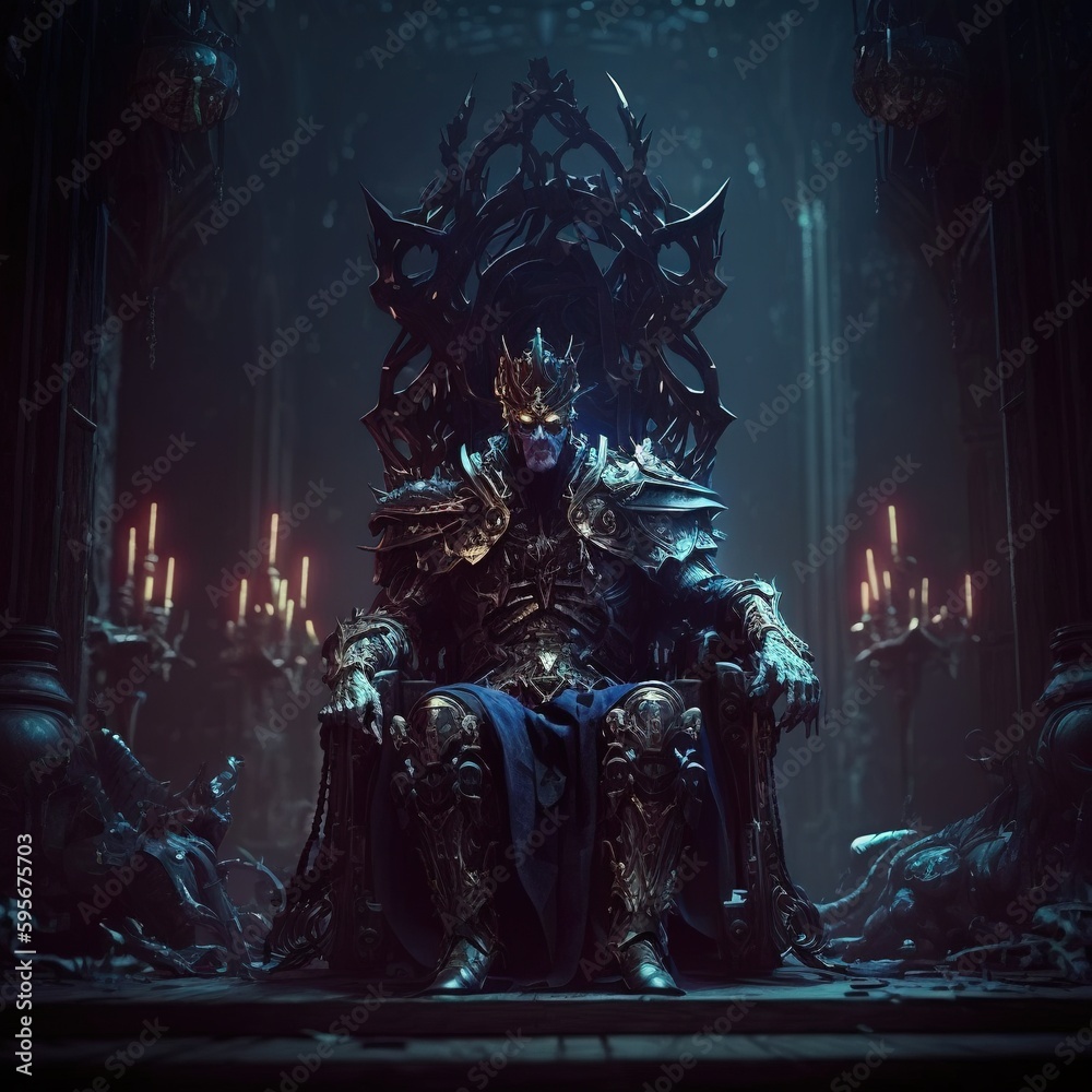 An eerie dark fantasy throne room with a dark lich lord siting at the ...