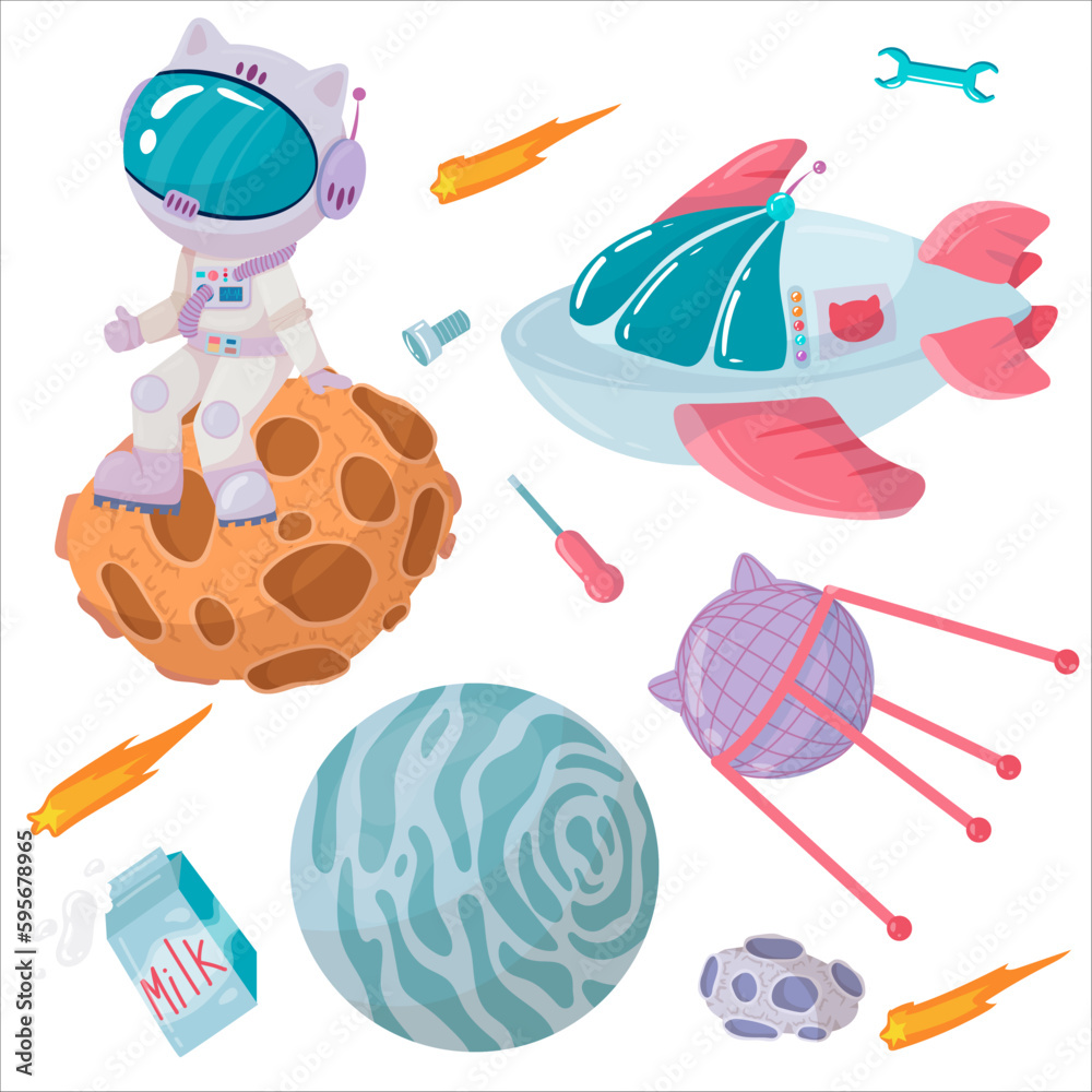 Vetor de Astronaut. A set of objects: UFOs, spaceships, rockets. Solar ...