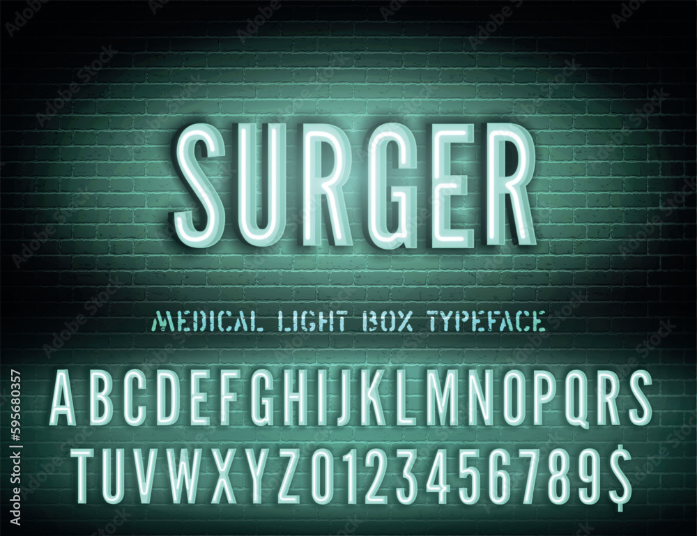 Surger sign with narrow cold green neon box alphabet on dark brick wall ...