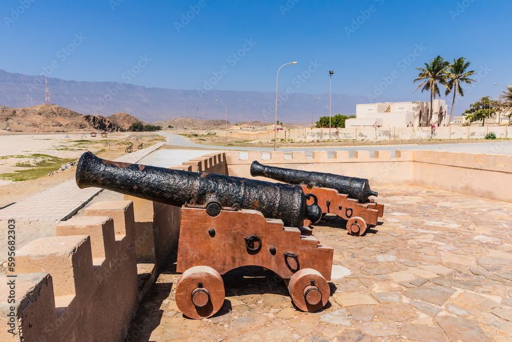 Cannons near Mirbat castle near the sea in Mirbat town, Sultanate of ...