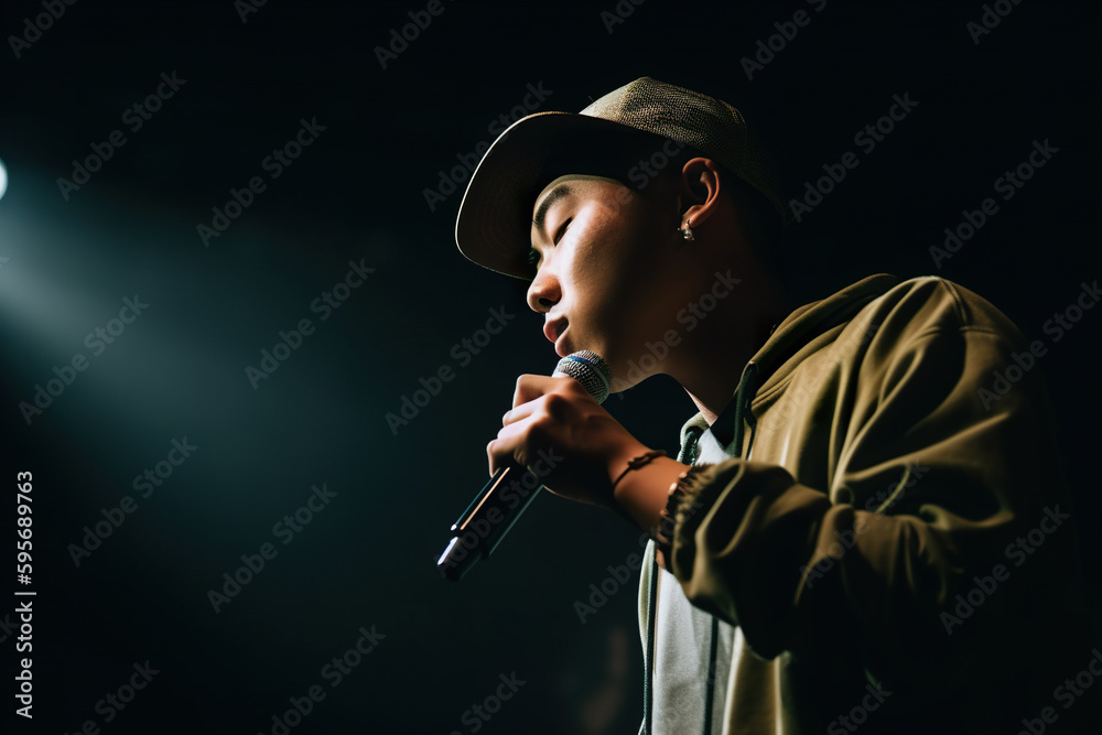 Asian rapper, singer on stage reading rap, dynamic pose, hero angle, AI ...