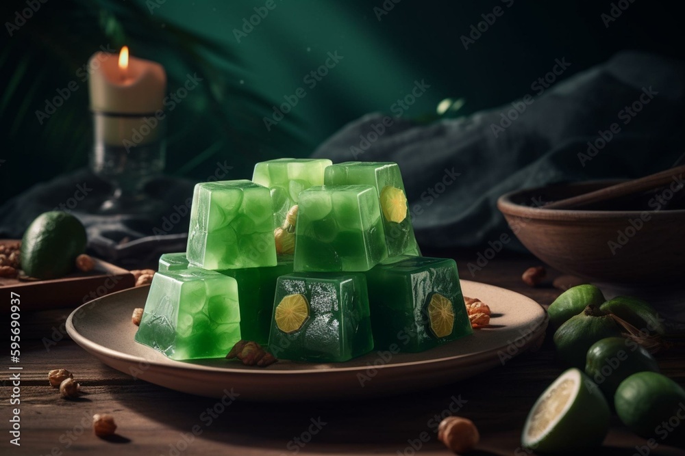 A Filipino dessert with green jelly cubes and tropical palm fruit ...