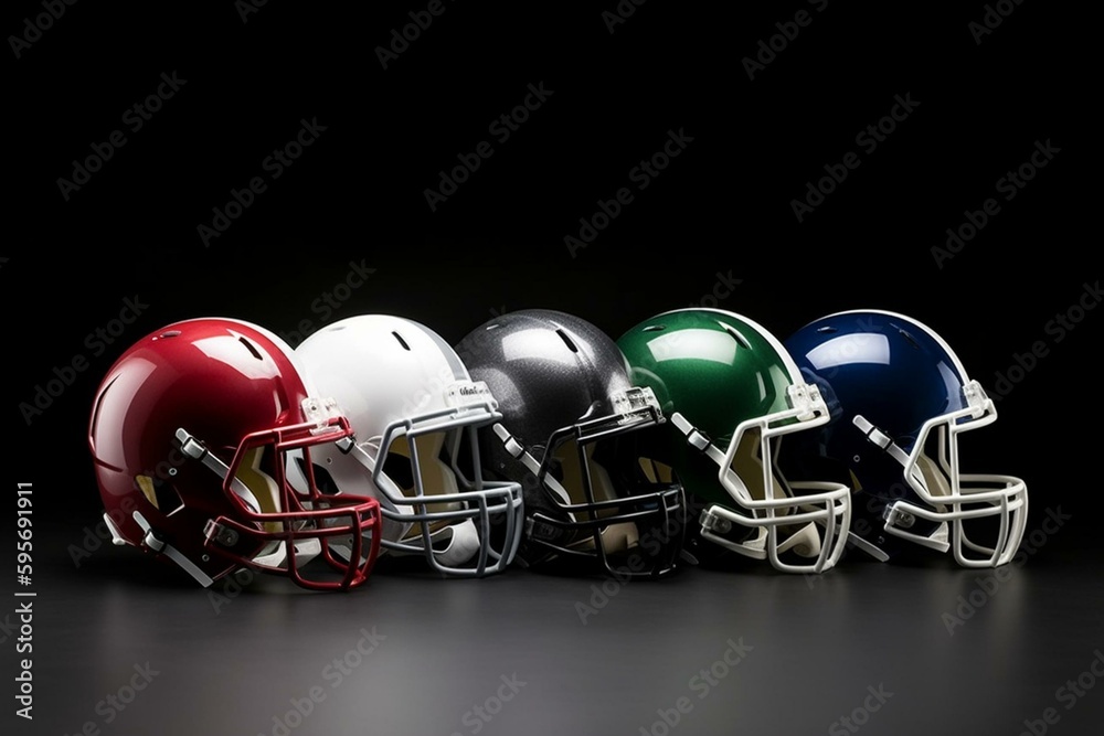Side view football helmets in various colors isolated on white ...