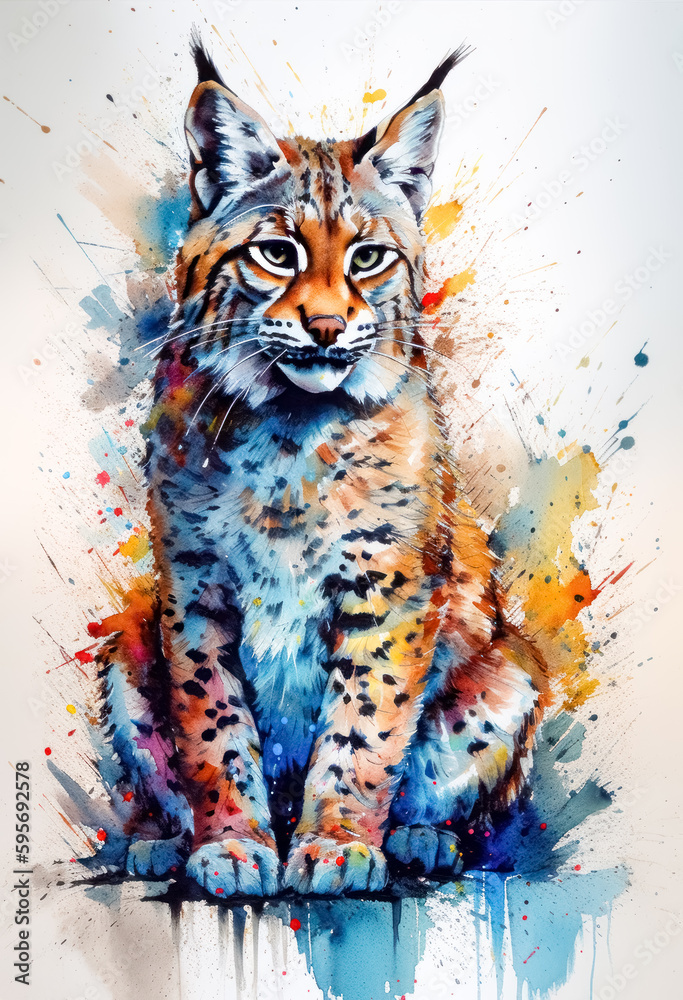 Multicolored ink wash painting of a full body bobcat sitting, AI ...
