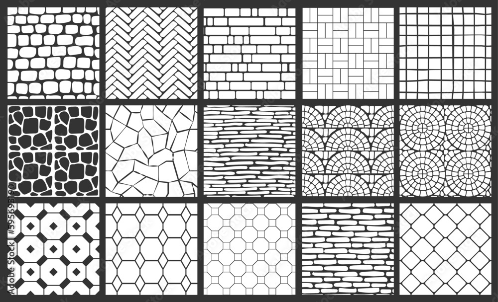 Pavement pattern. Black ink seamless illustrations of wall and road ...