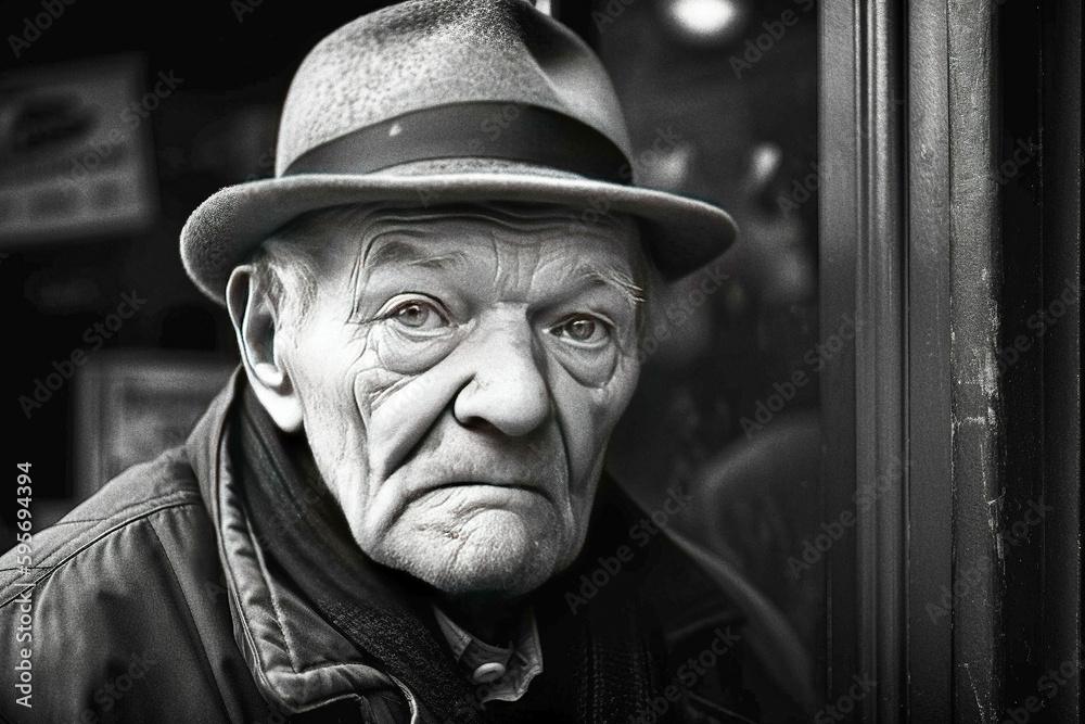 Sad black and white portrait of a poor old man - generative ai Stock ...