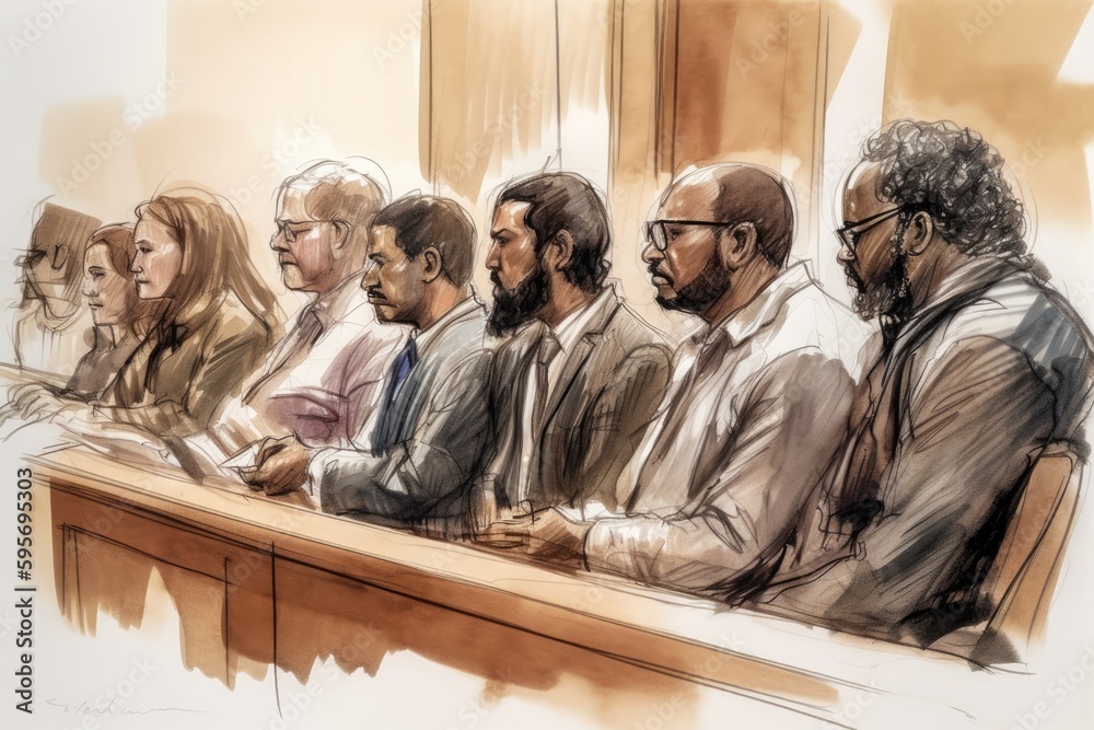 Illustration of a jury sitting in a courtroom, waiting to deliver a verdict. The jurors are ...