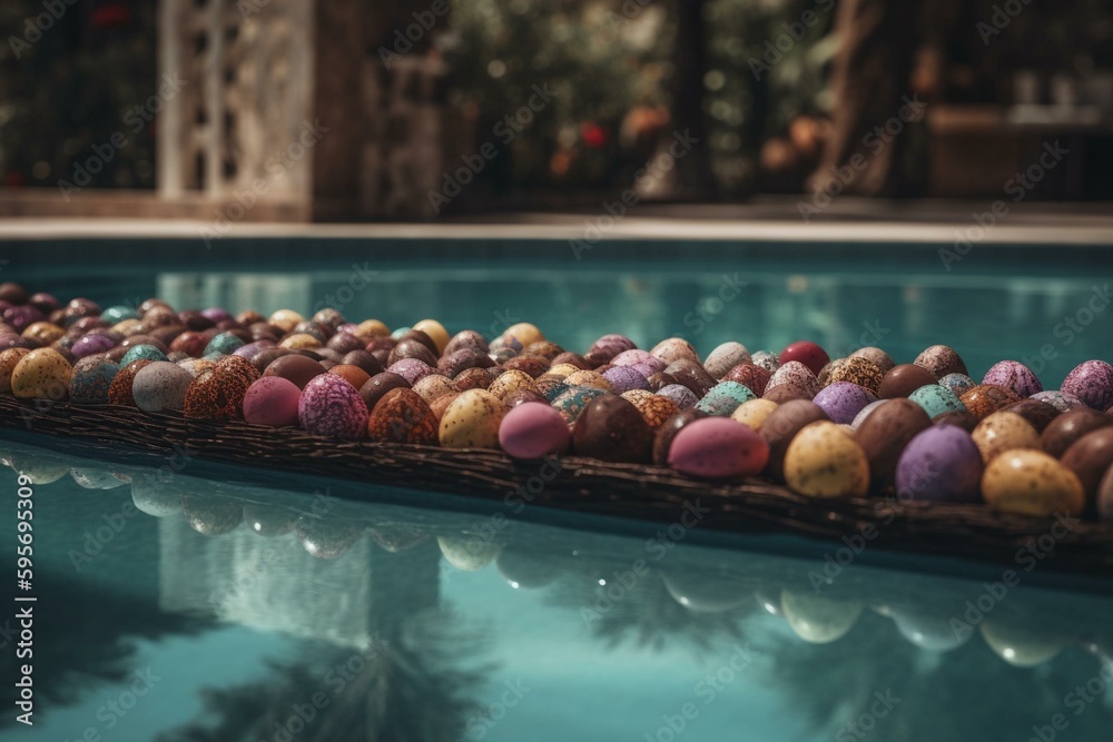 Floating Easter eggs in front of a spa pool. Generative AI Stock ...