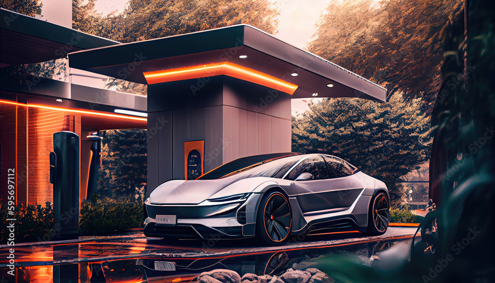 Modern car at standalone electric vehicle charging station. Generative ...