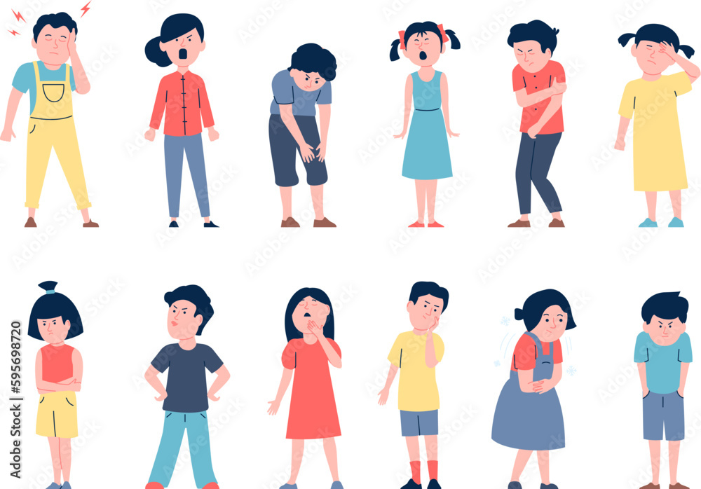 Negative emotional kids, sickness and sadness. Cartoon flat kid ...