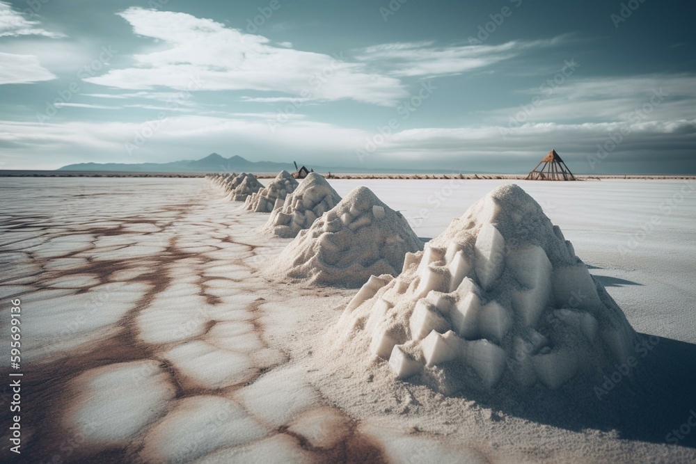Illustration of salt flats with salt pile in a remote area. Generative ...