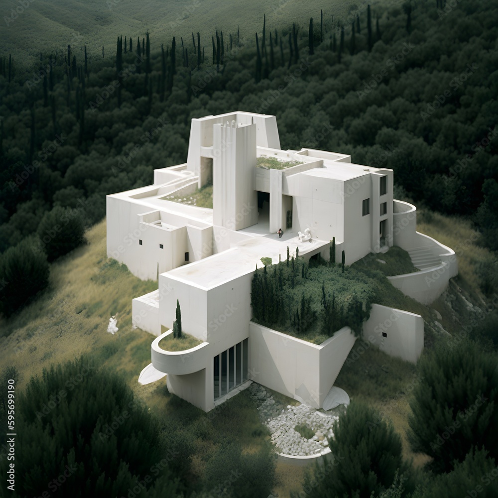 overview drone footage of secret evil villains lair designed by sou ...