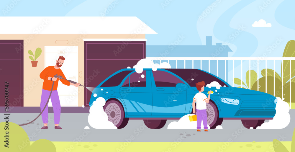 Father washing car. Dad and son wash dirt automobile in house yard, kid ...