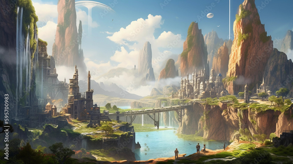 Beautiful Utopia Futuristic Metropolis 3D Art Illustration. Waterfalls ...