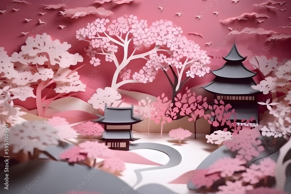 Paper cut art design. Blooming sakura japanese motifs. Origami design ...