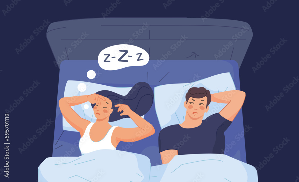 Snoring woman. Snorer sleeping wife and annoyed husband on pillow bed ...