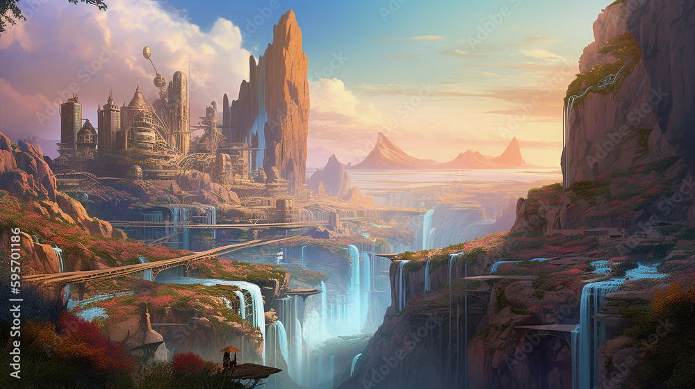 Beautiful Utopia Futuristic Metropolis 3D Art Illustration. Waterfalls ...