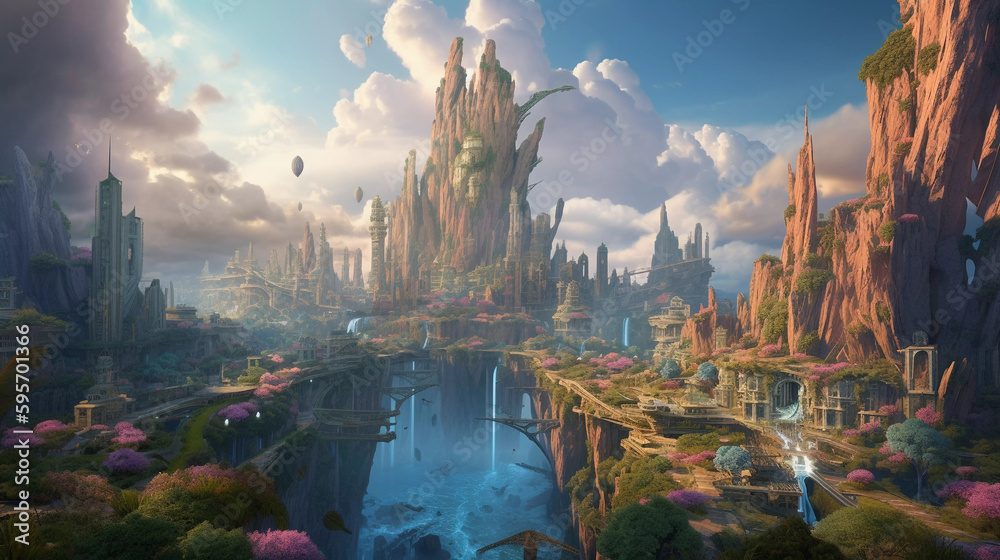 Beautiful Utopia Futuristic Metropolis 3D Art Illustration. Waterfalls ...