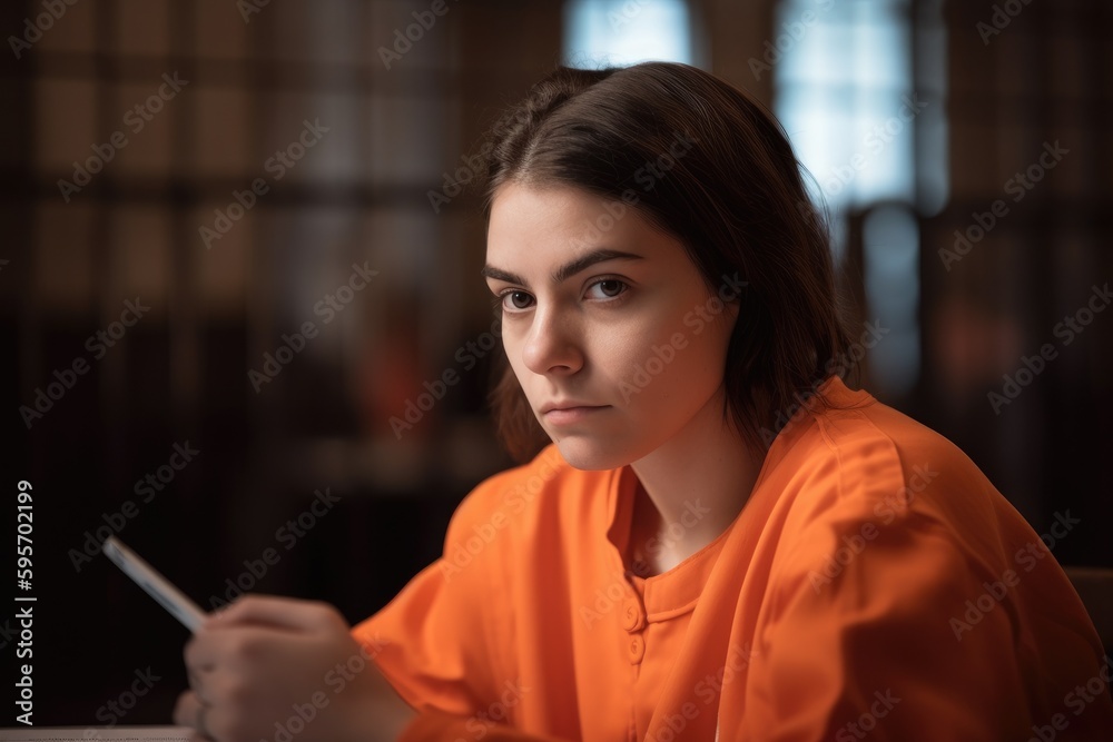Illustration of a female prisoner in an orange jumpsuit sitting in a ...