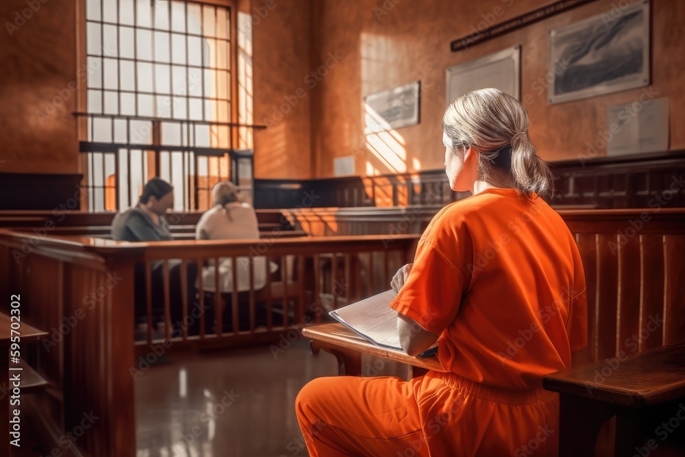 Illustration of a female prisoner in an orange jumpsuit sitting in a ...