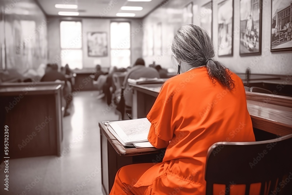 Illustration of a female prisoner in an orange jumpsuit sitting in a ...